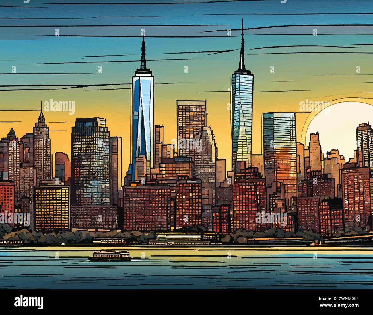 Golden hour warm glow iconic new york city skyline hi-res stock ...