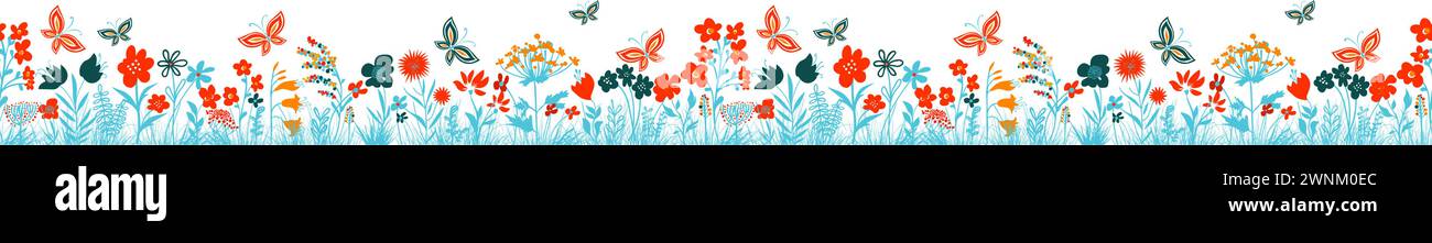 Horizontal grass headers seamless pattern. Cute simple flowers and ...