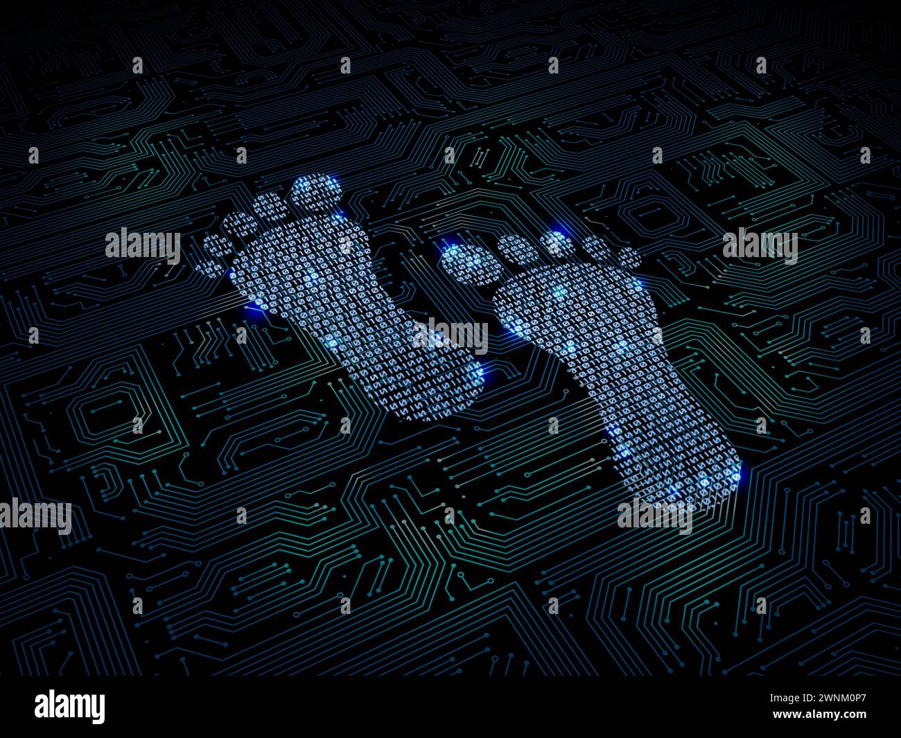 An illustration of a digital footprint with binary numbers on black electronic background (3D ...
