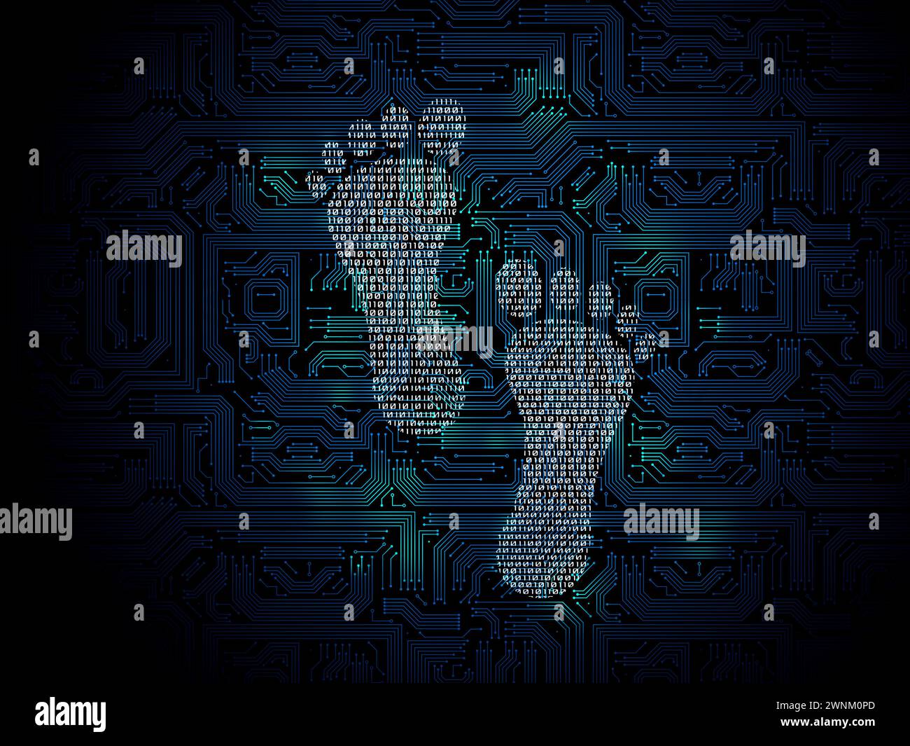 An illustration of a digital footprint with binary numbers on black electronic background (3D ...