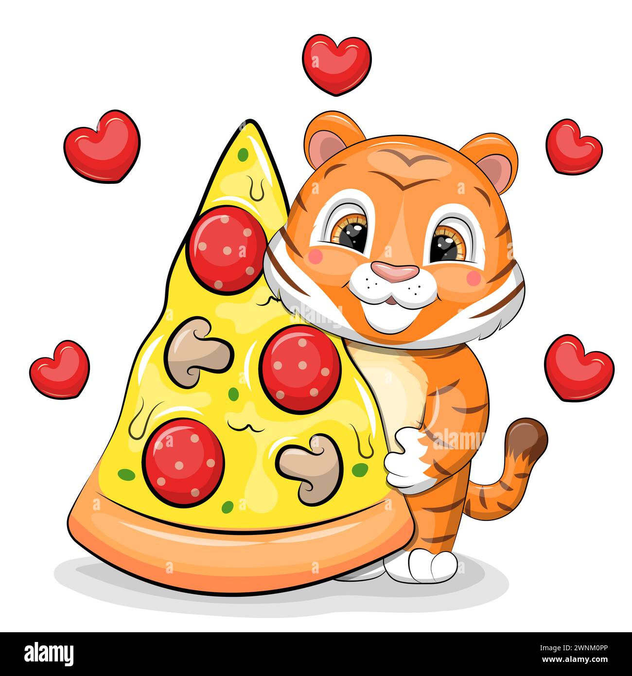 Cute cartoon tiger with a big piece of pizza. Vector illustration of ...