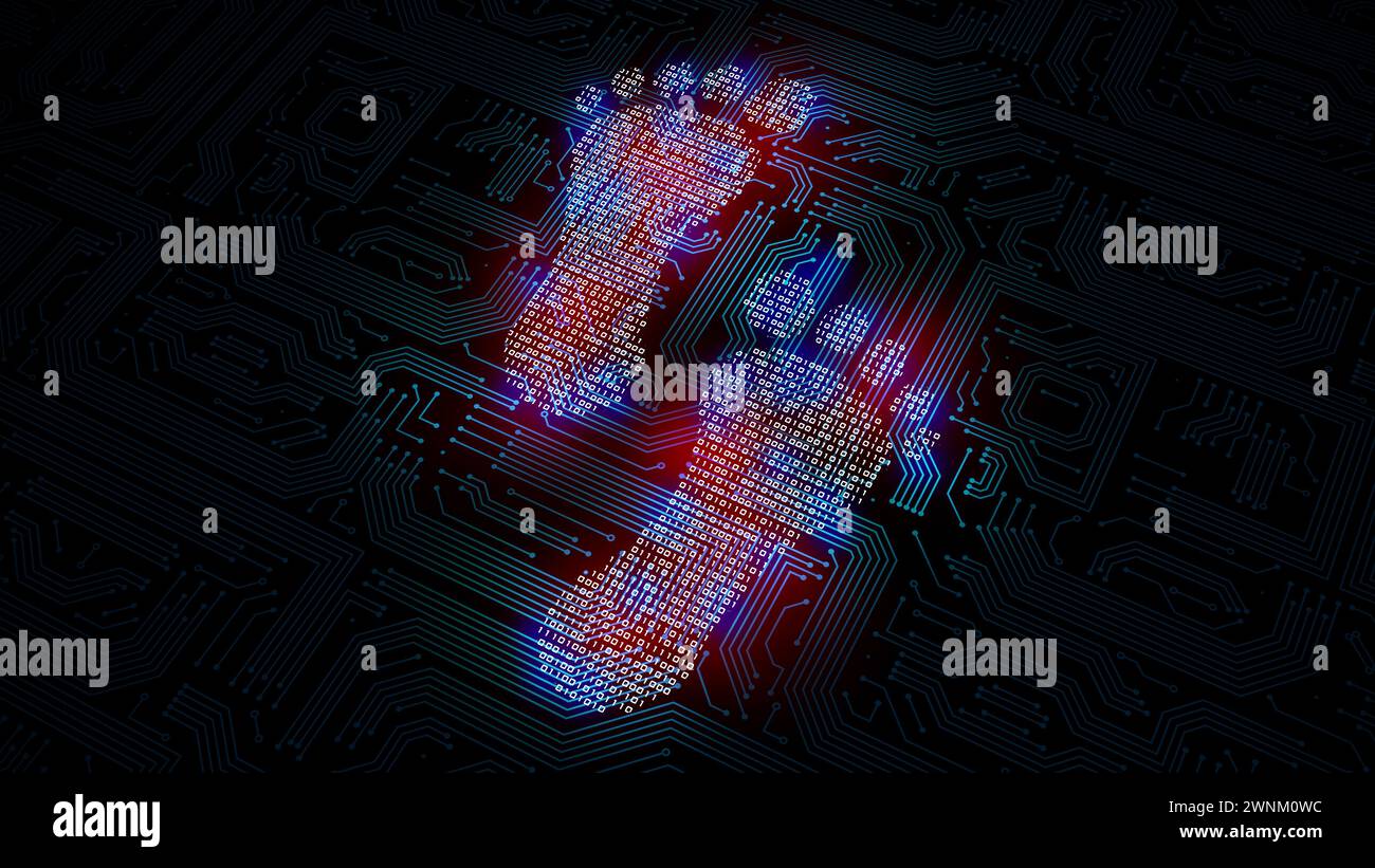 An illustration of a digital footprint with binary numbers on black electronic background (3D ...