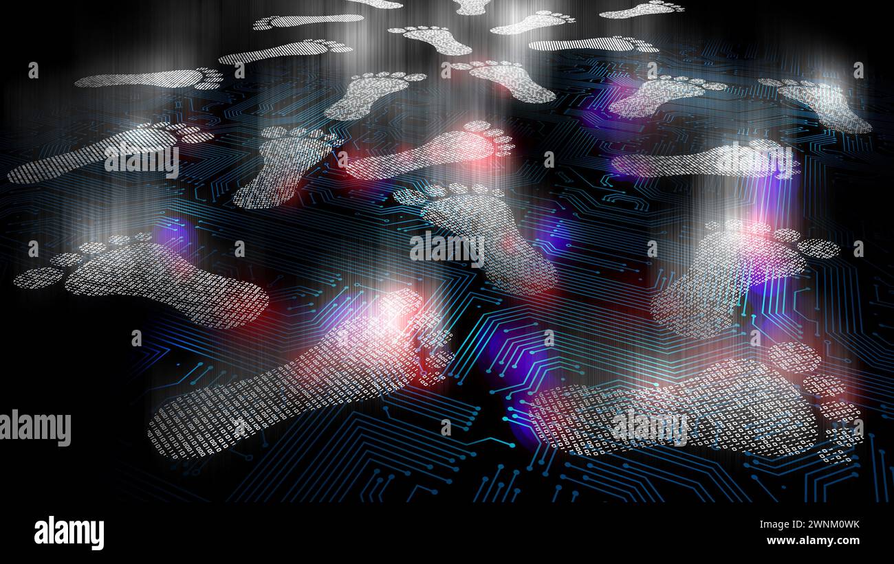 An illustration of a digital footprint with binary numbers on black electronic background (3D ...