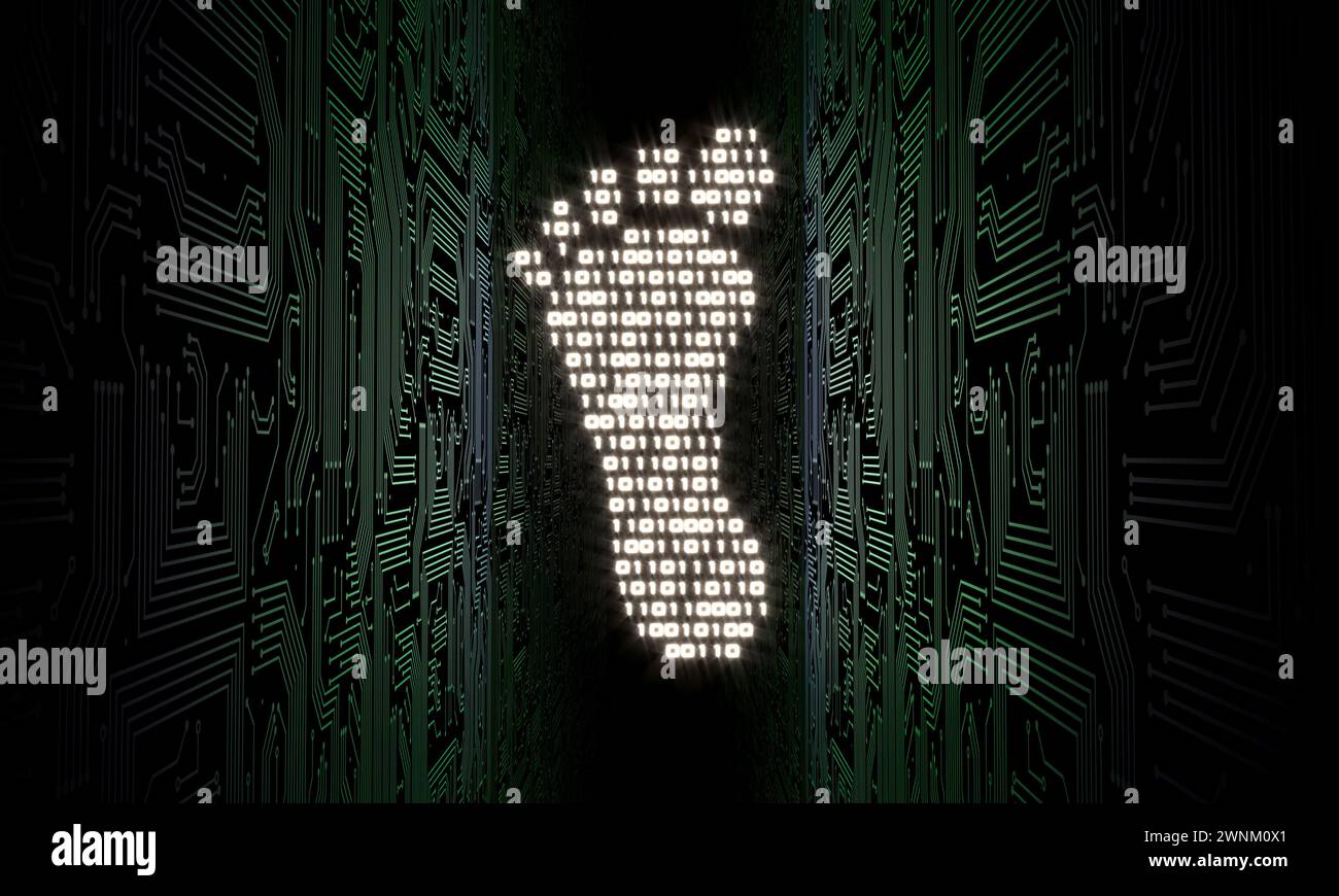 An illustration of a digital footprint with binary numbers on black electronic background (3D ...