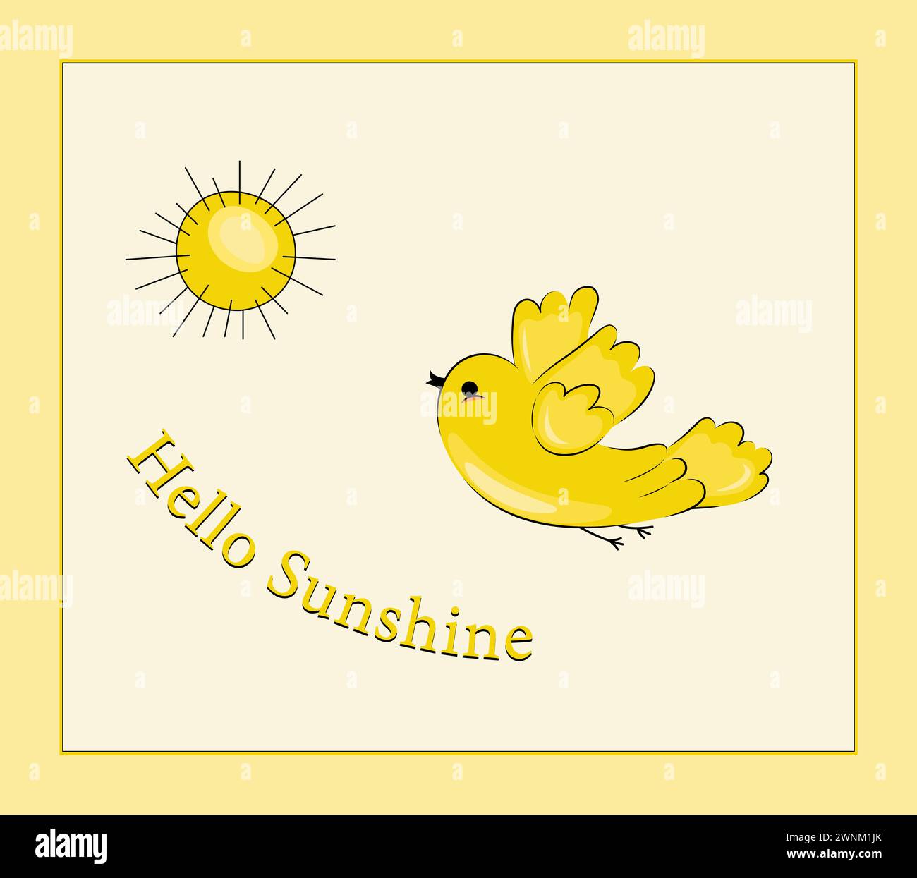 Cute yellow bird and sun. Card with a text Hello sunshine. Illustration ...