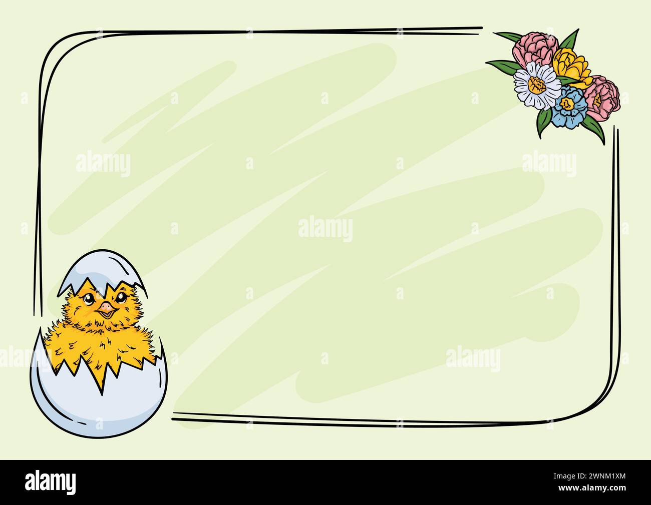 Bright Easter background for card and presentation with frame, newborn chick in eggshell and ...
