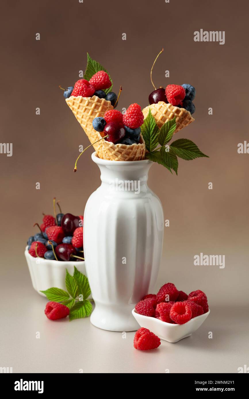 Colorful assorted mix of blueberries, raspberries, and sweet cherries ...
