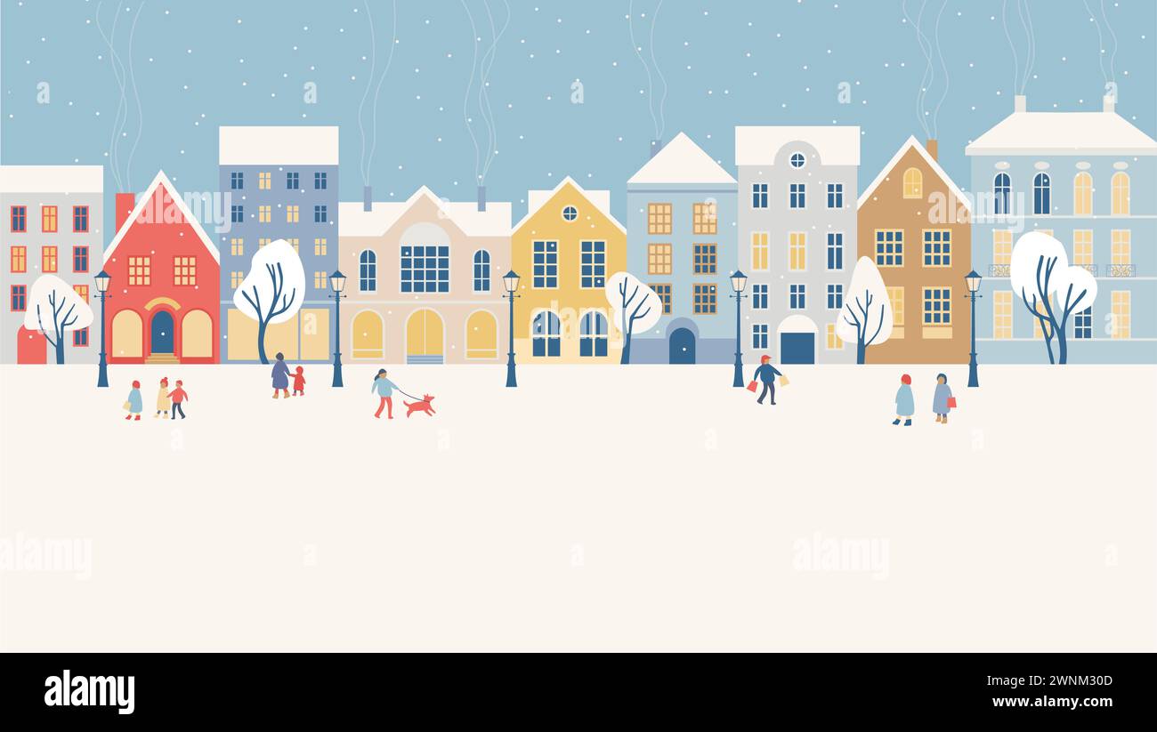 Winter city panorama with people walking on street in snow on Christmas ...