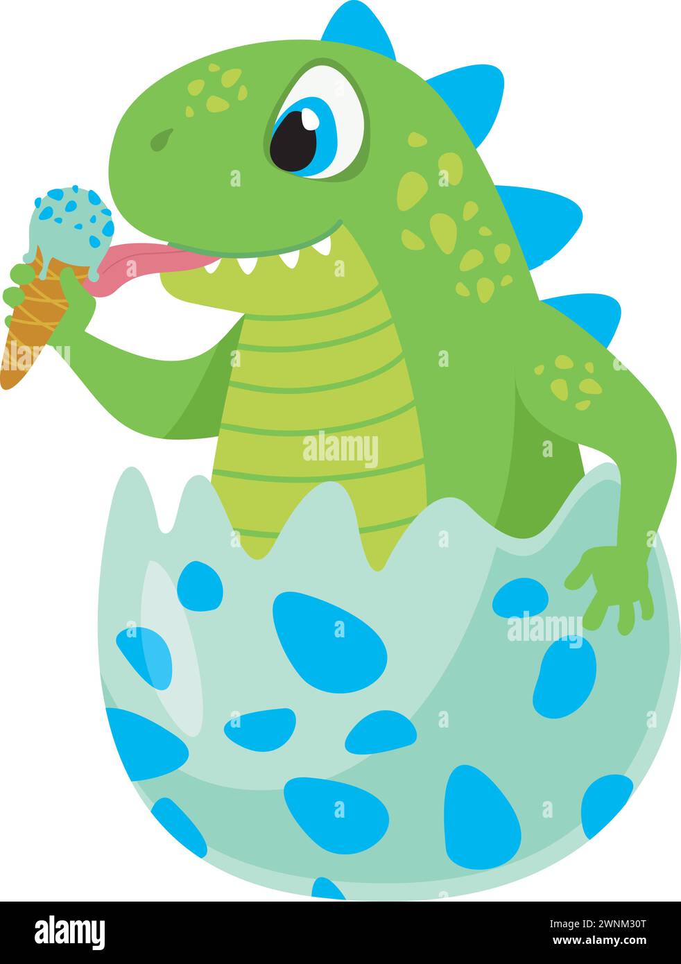 Cute little baby dinosaur sitting in the egg and eating ice cream. Flat ...