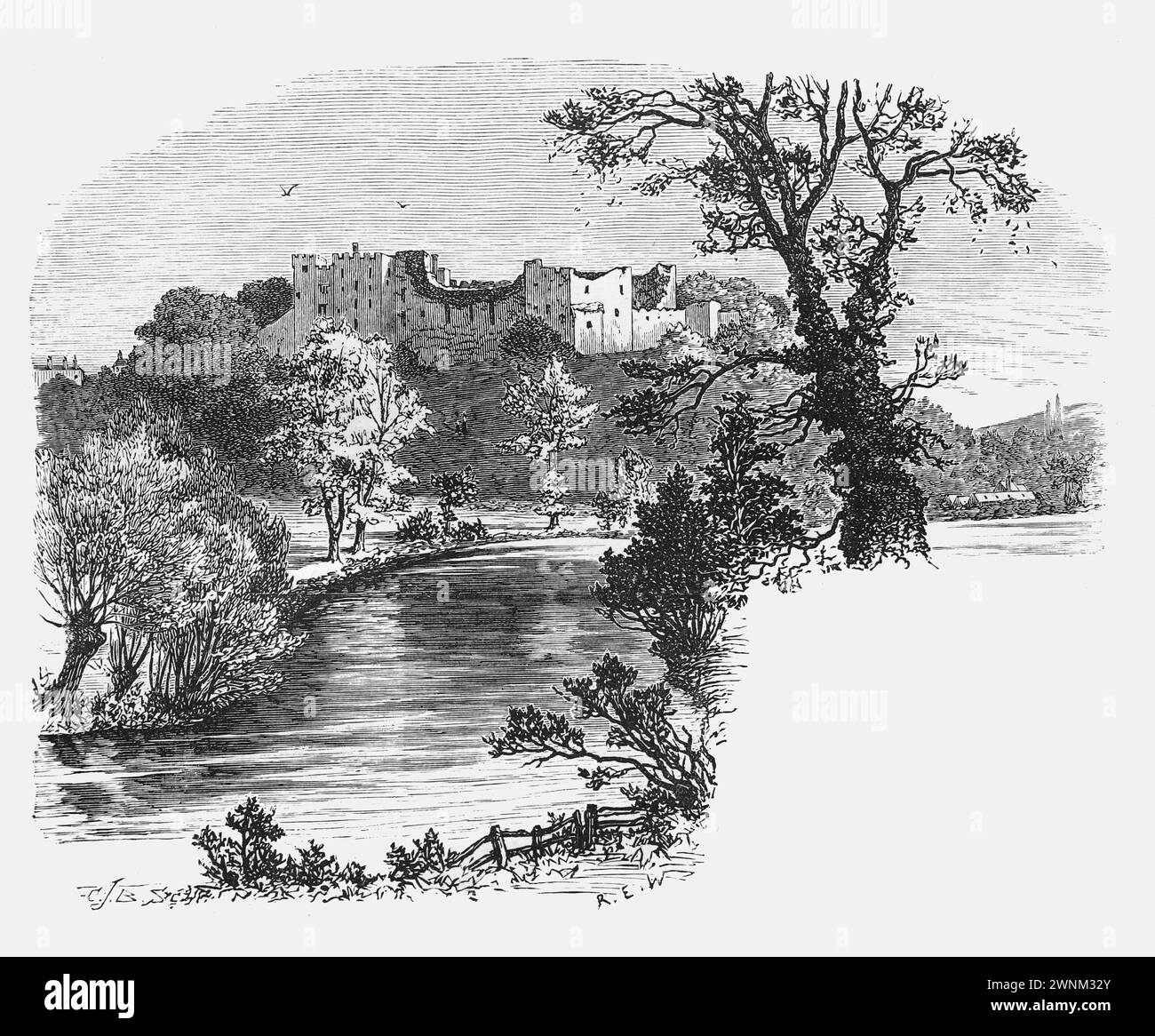 Ludlow Castle Viewed from the River; 19th century; Black and white ...