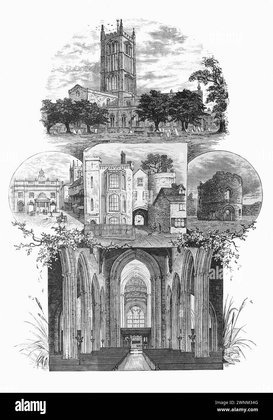 Views in Ludlow in the 19th century; Black and white illustration from ...
