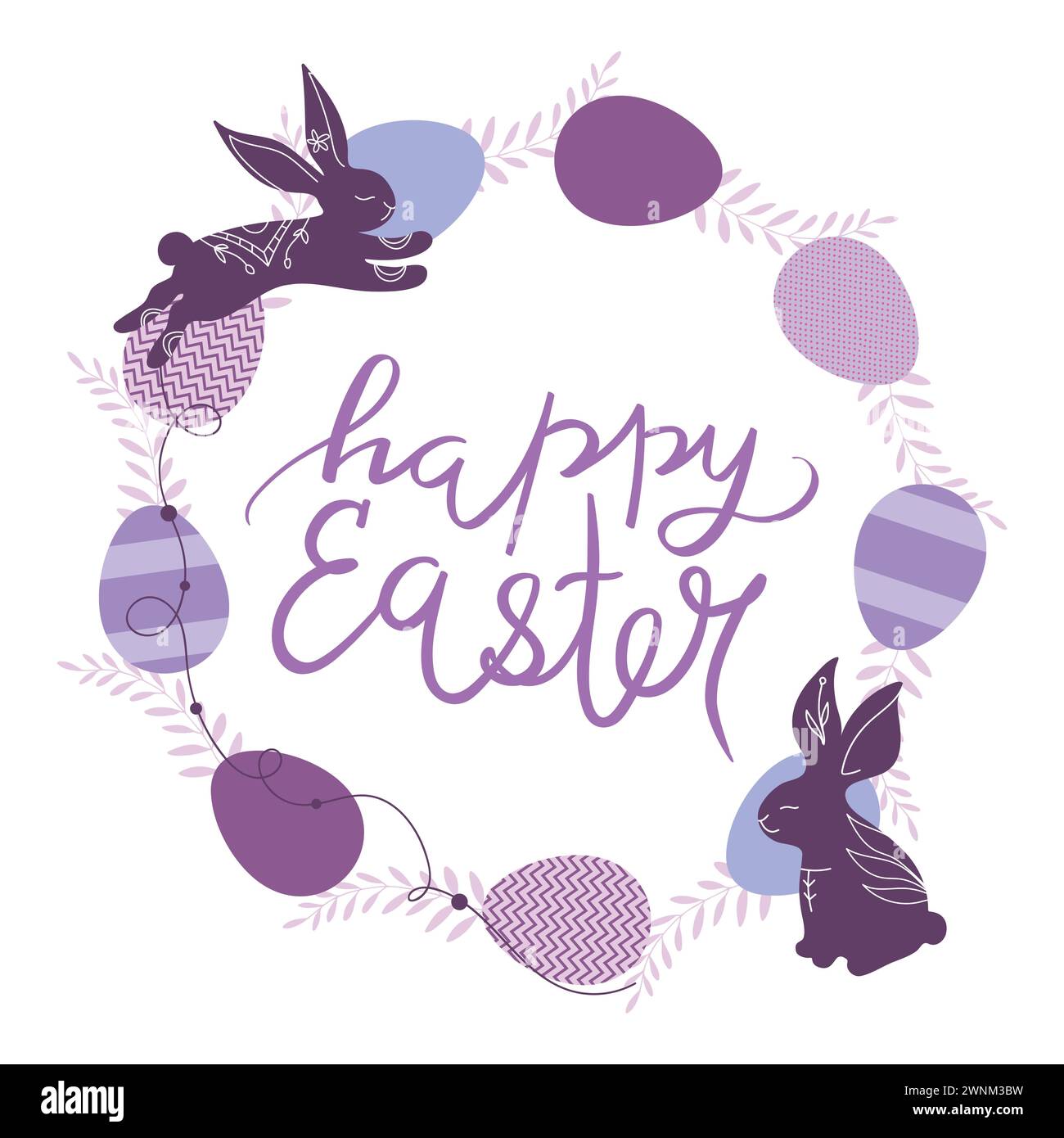 Easter festive wreath of various eggs and purple branches. Decorated ...