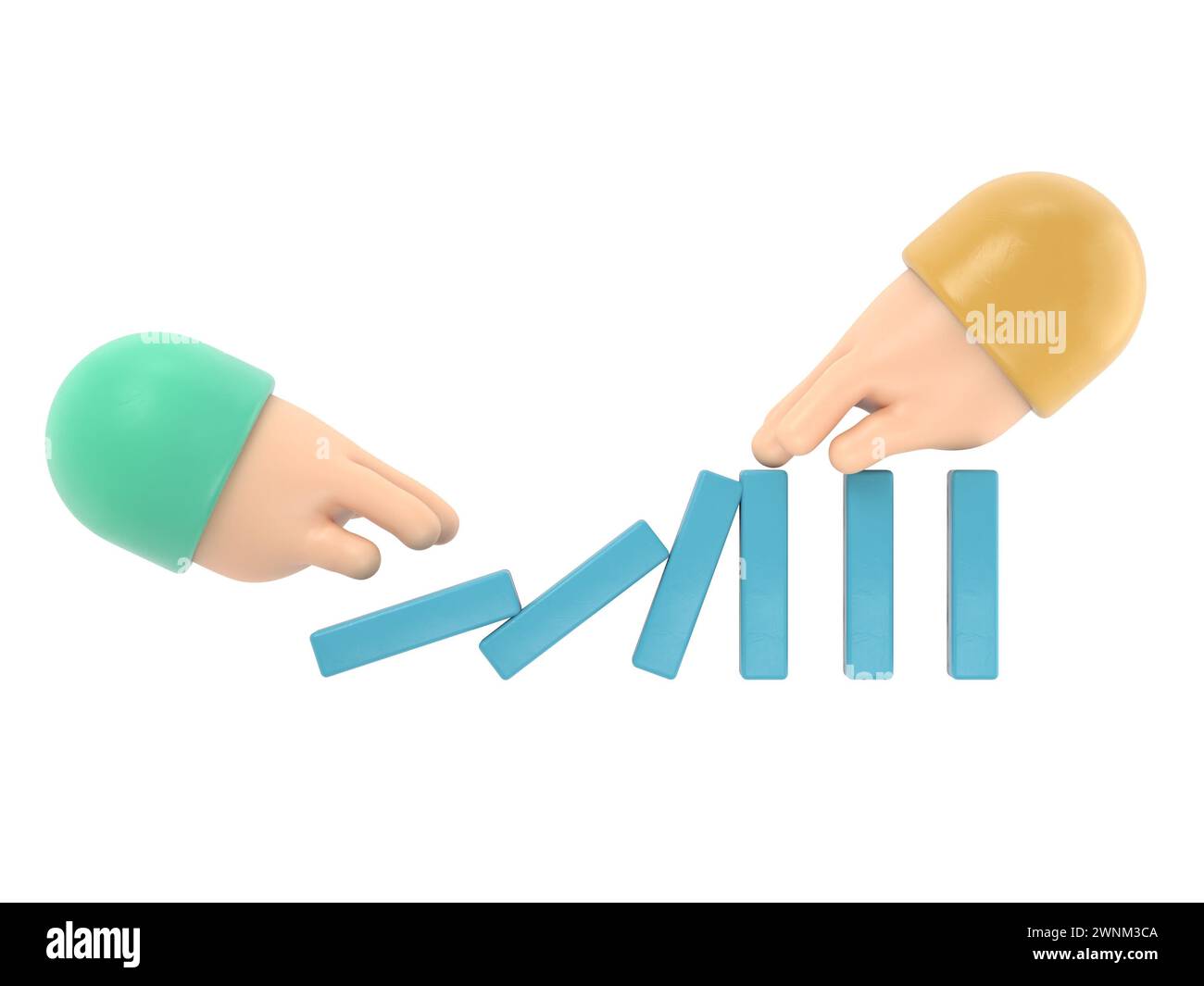 Domino effect concept. One man pushes the dominoes and second stops ...