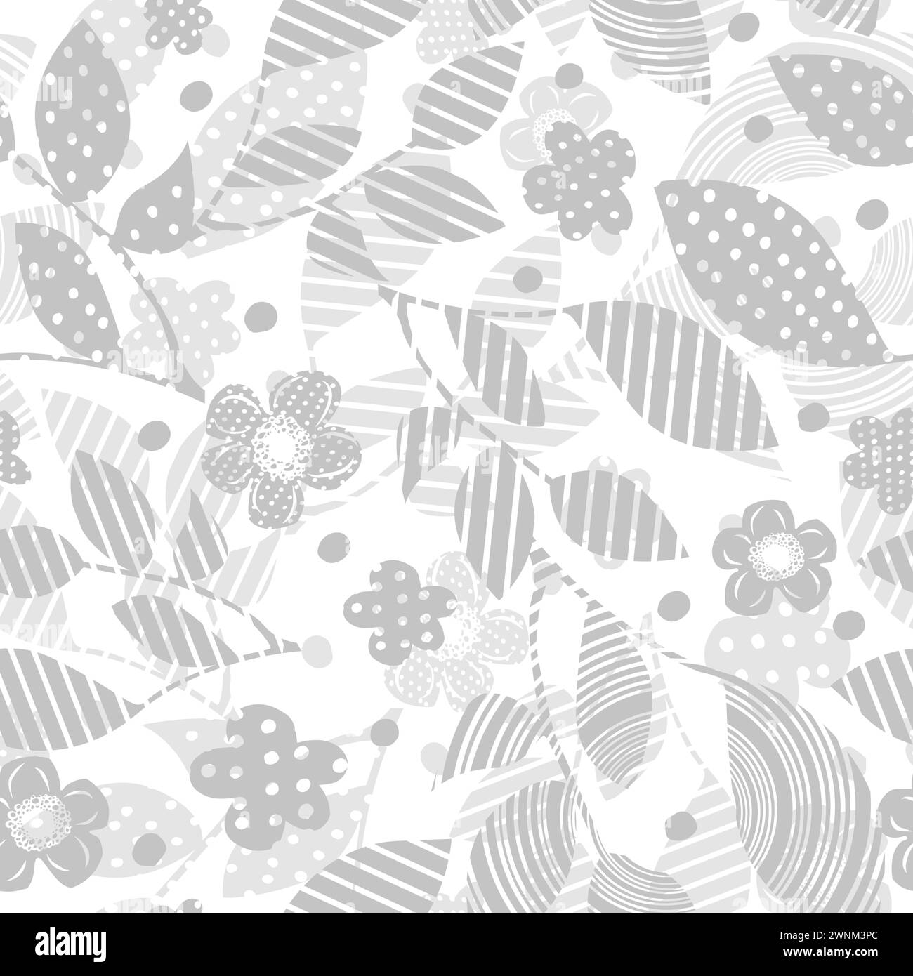 Seamless pattern of gray decorative tree leaves and flowers. hand ...