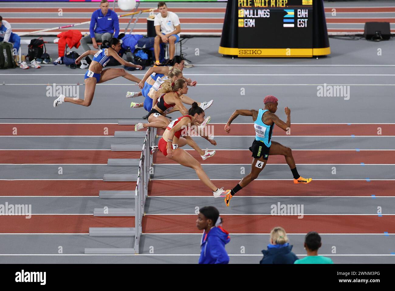 Glasgow on Sunday 3rd March 2024. Devynne Charlton (BAH, 60 Metres Hurdles) wins her 60m Hurdles ...