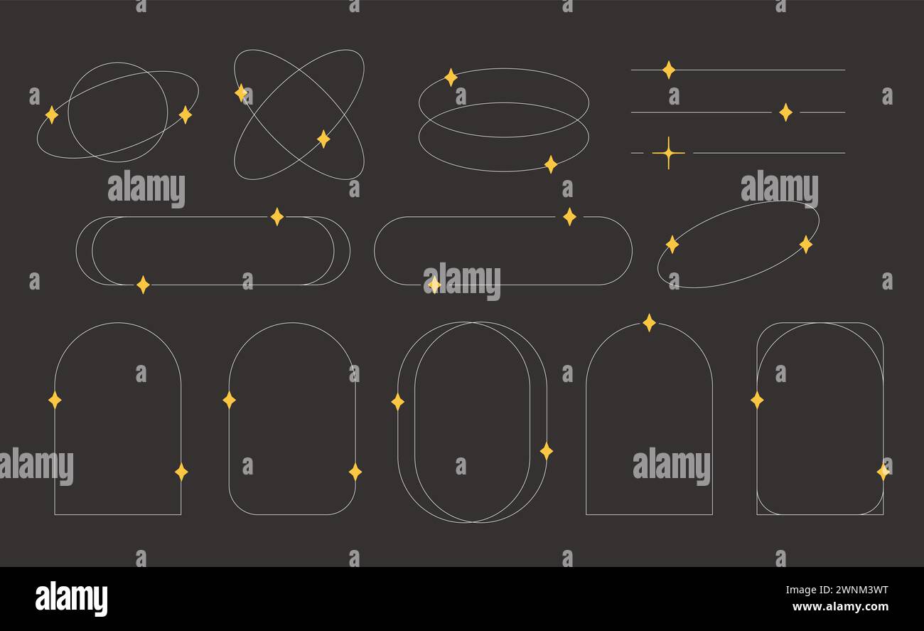 Ellipse frames, arcs, dividers with stars on dark background. Set of ...