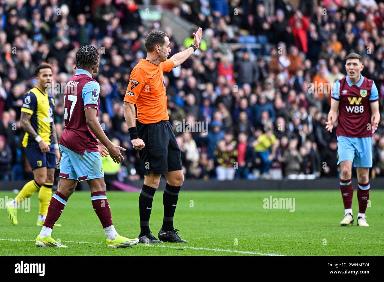 Referee David Coote signals for a free kick disallowing the equalising ...