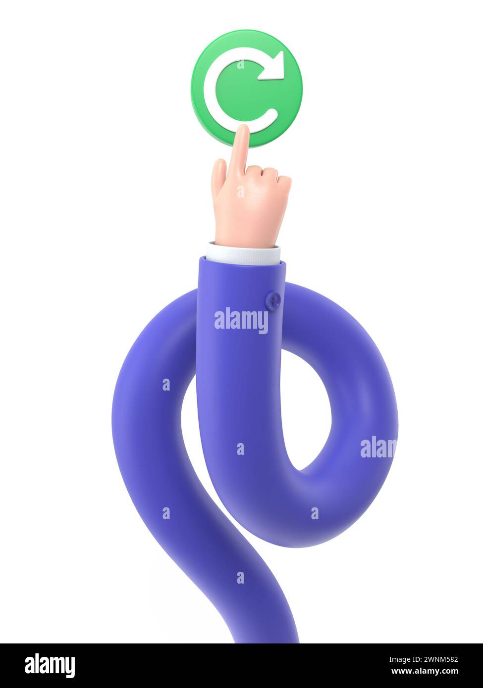 Reboot concept. Restarting technology. Hand to push big red button. 3d ...