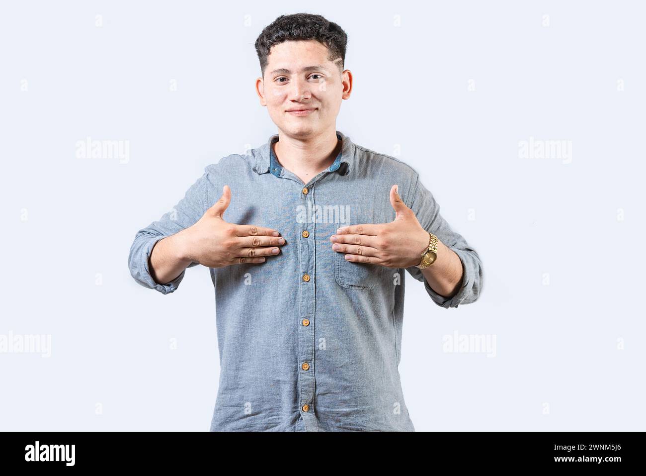 Interpreter person gesturing HAPPINESS in sign language. Smiling young ...