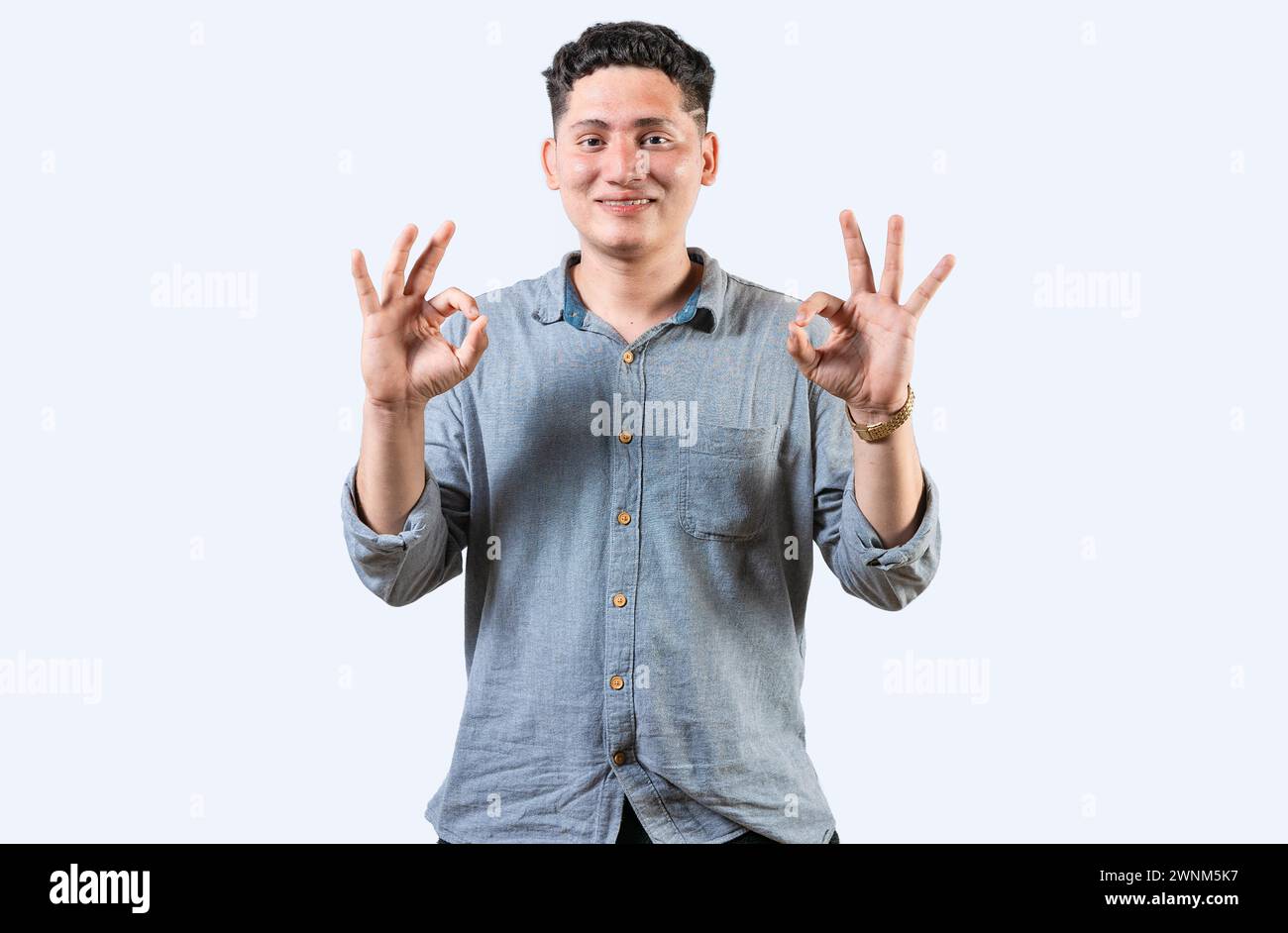 Interpreter person gesturing OK in sign language. Smiling young man ...