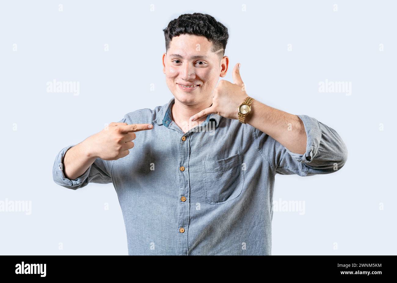 Interpreter person gesturing CALL ME in sign language isolated. Smiling ...