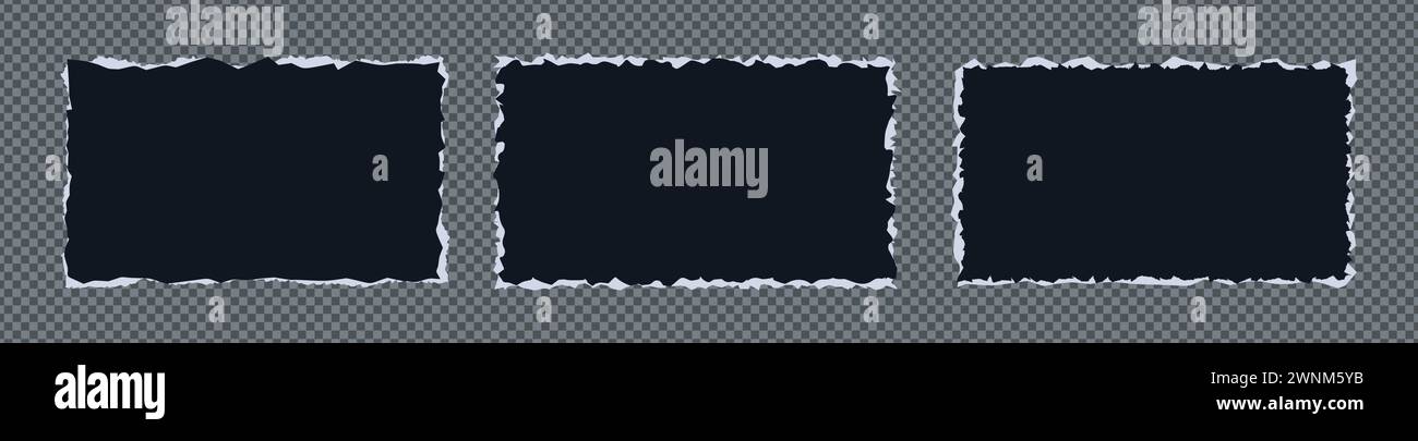 Set of three torn paper pieces. Black grunge jagged rectangle frames ...