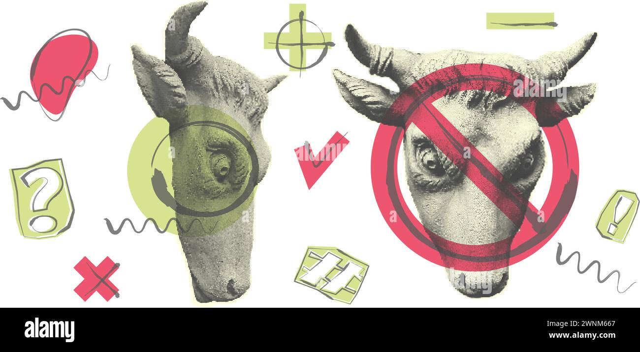 Collage elements with statue head of bull or cow and doodle irregular ...