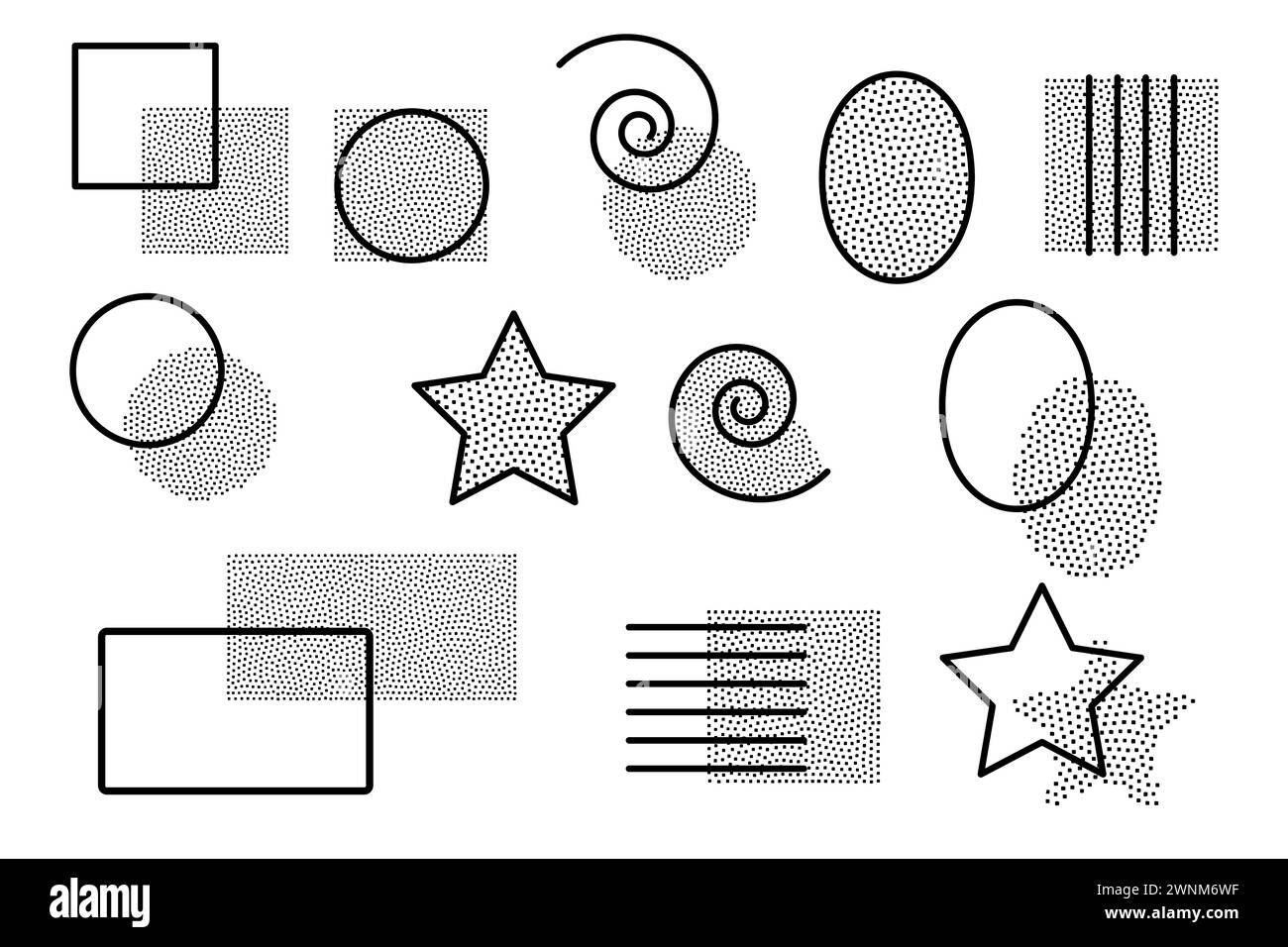 geometrical shapes with dots, backgrounds, title, star, spiral, square ...