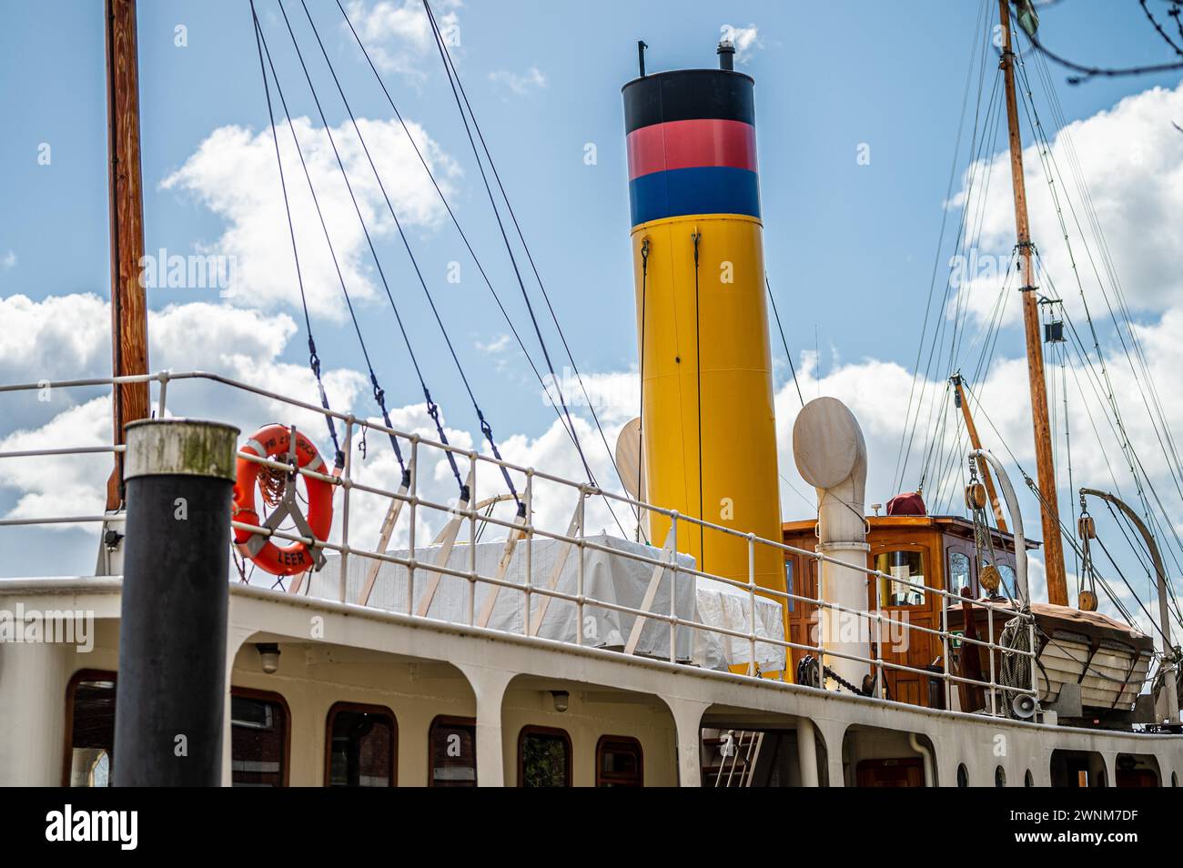 Close-up of a steamship with colourful funnel and lifebuoys, Leer, East ...