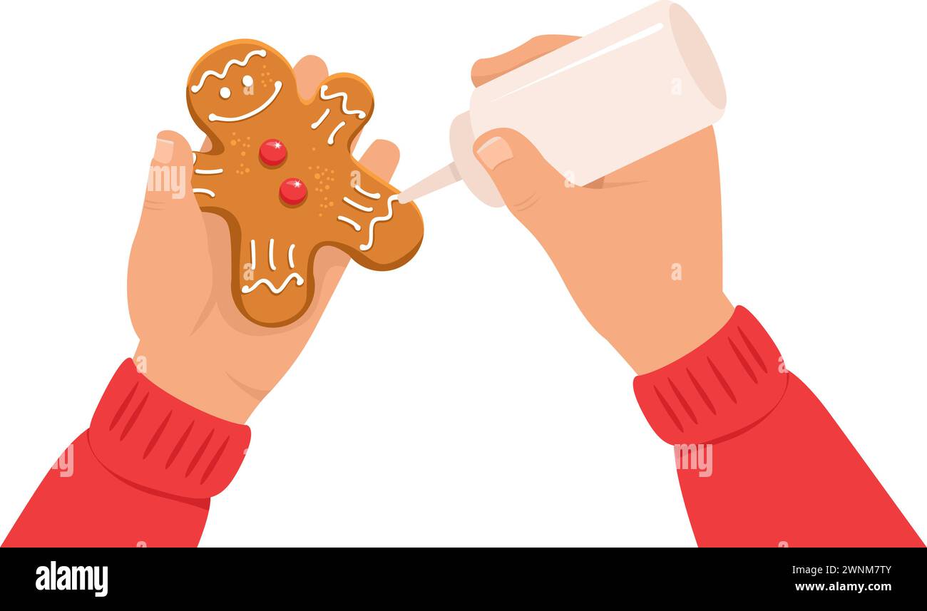 Child decorating gingerbread cookie. Kid's hands with traditional ...