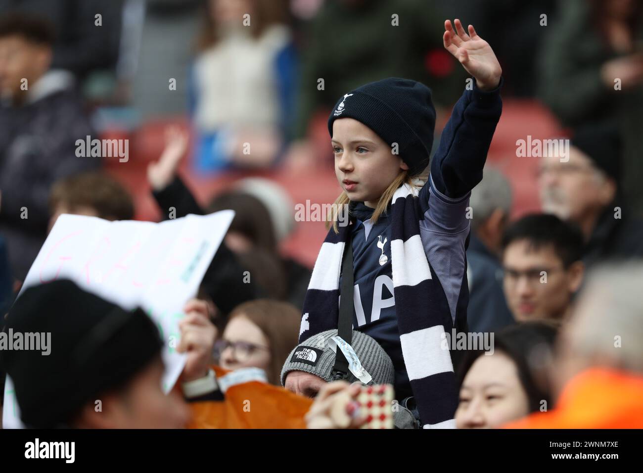 London, UK. 3rd March, 2024. A young Tottenham Hotspur supporter during ...