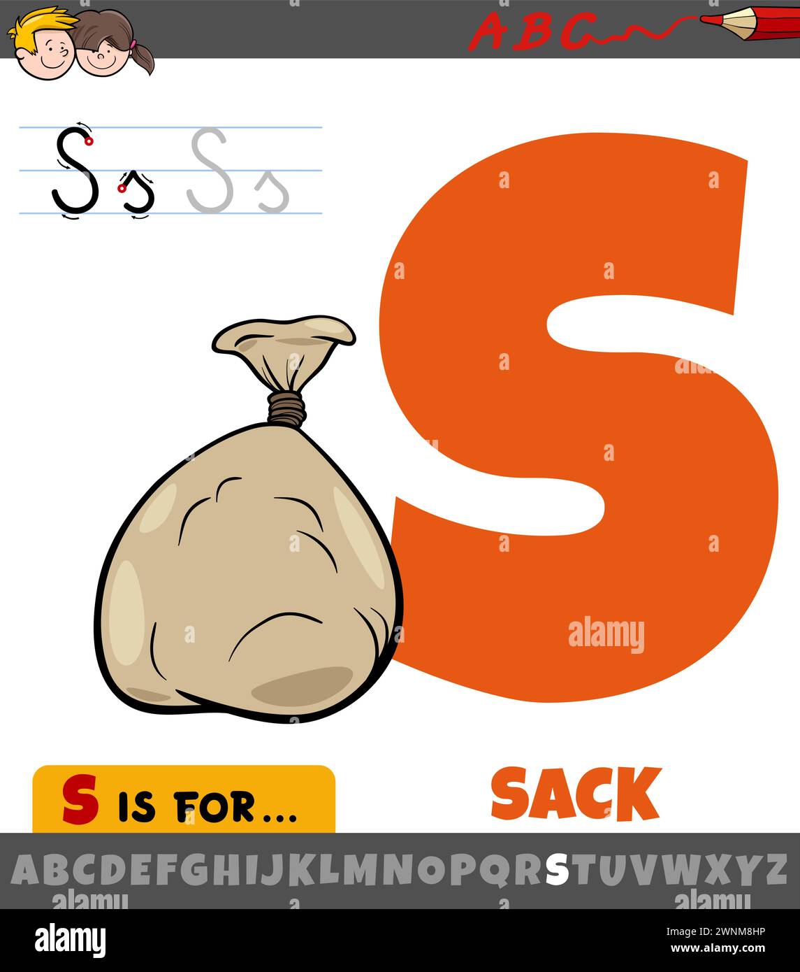 Educational cartoon illustration of letter S from alphabet with sack ...