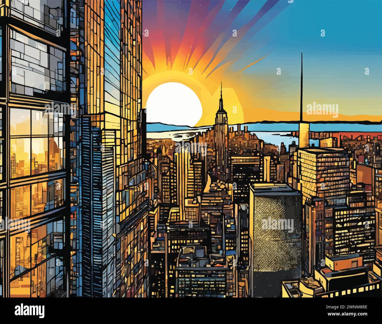 Golden hour warm glow iconic new york city skyline hi-res stock ...