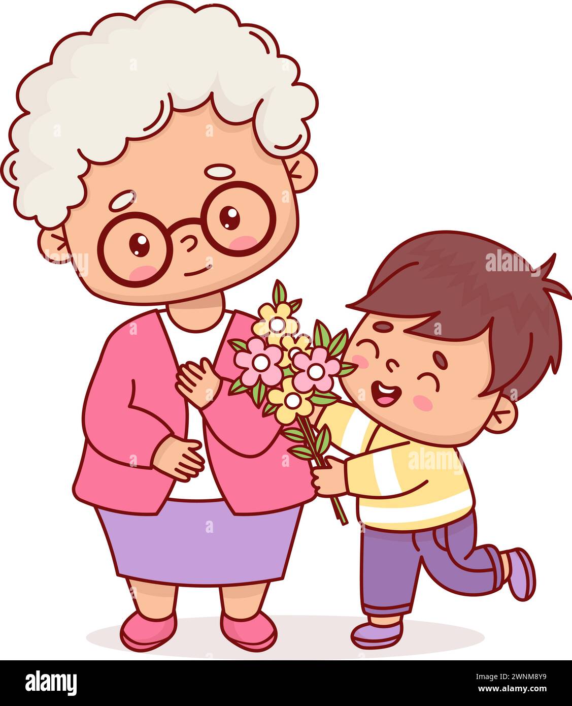 Happy elderly grandmother with boy grandson with bouquet of flowers ...