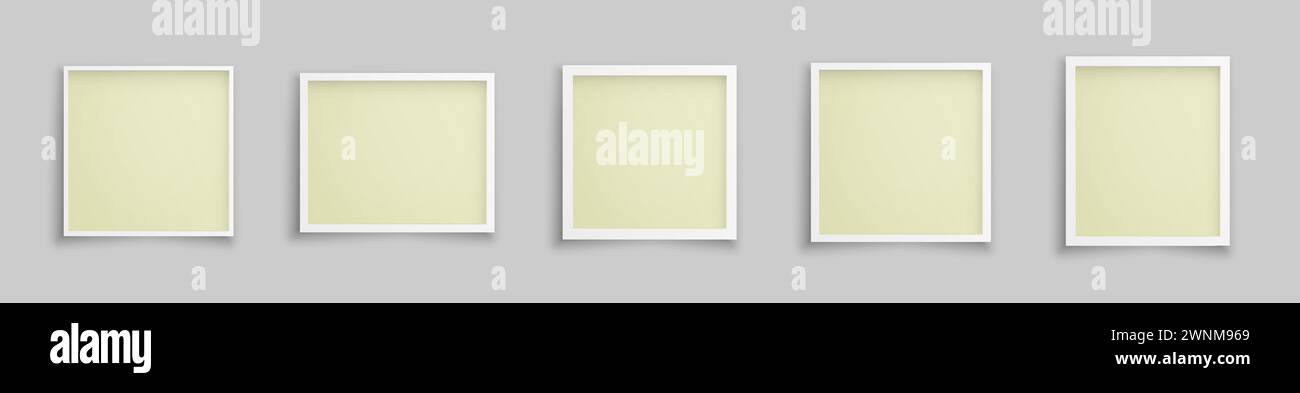 A set of five retro photo frames with yellow inserts on a gray ...