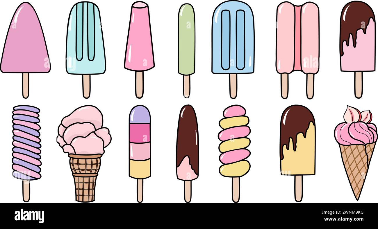 Sweet summer vector ice-cream and popsicles illustrations with ...