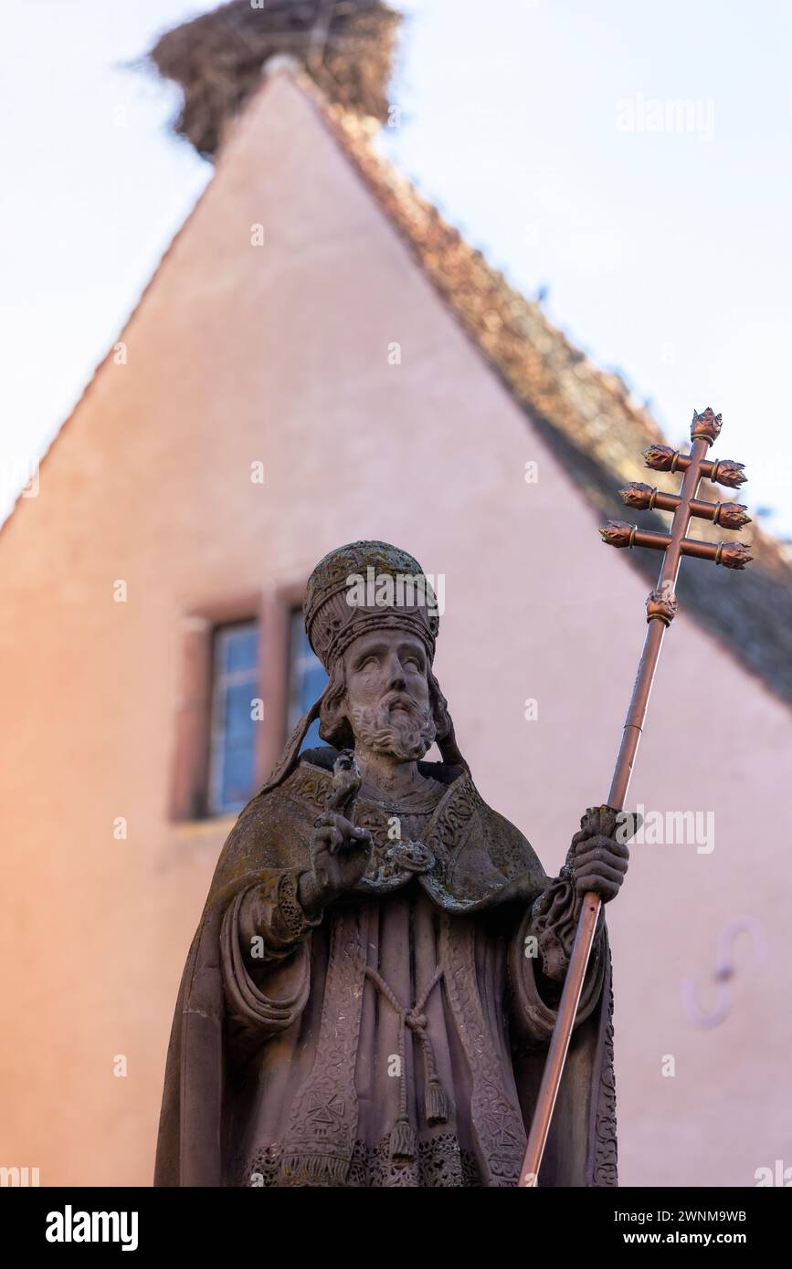 Statue of Pope Leo IX, with a bird on his hand, in the square in ...