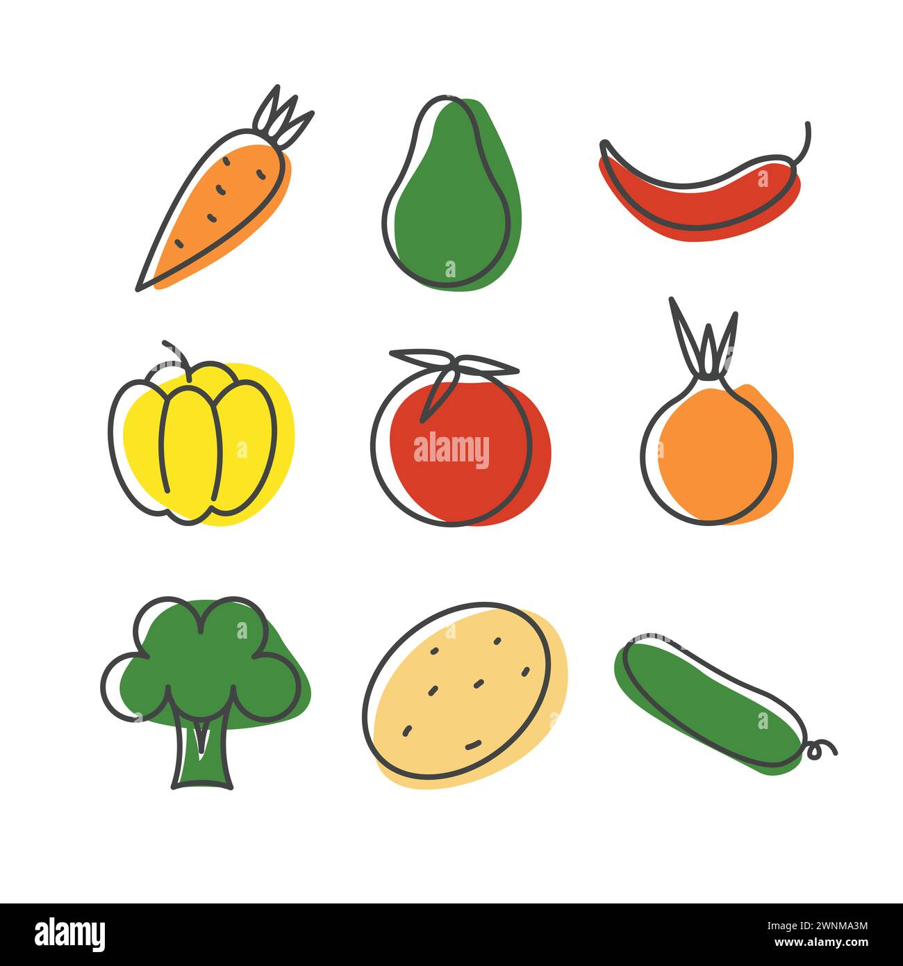 Line vegetable set. Simple outline vegetables icon with colour. Linear ...