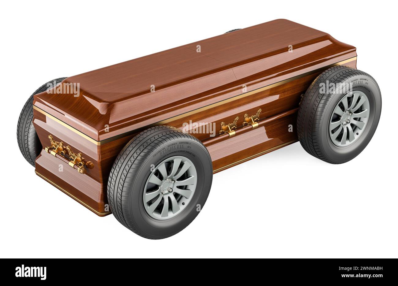 Casket with car wheels, 3D rendering isolated on white background Stock ...