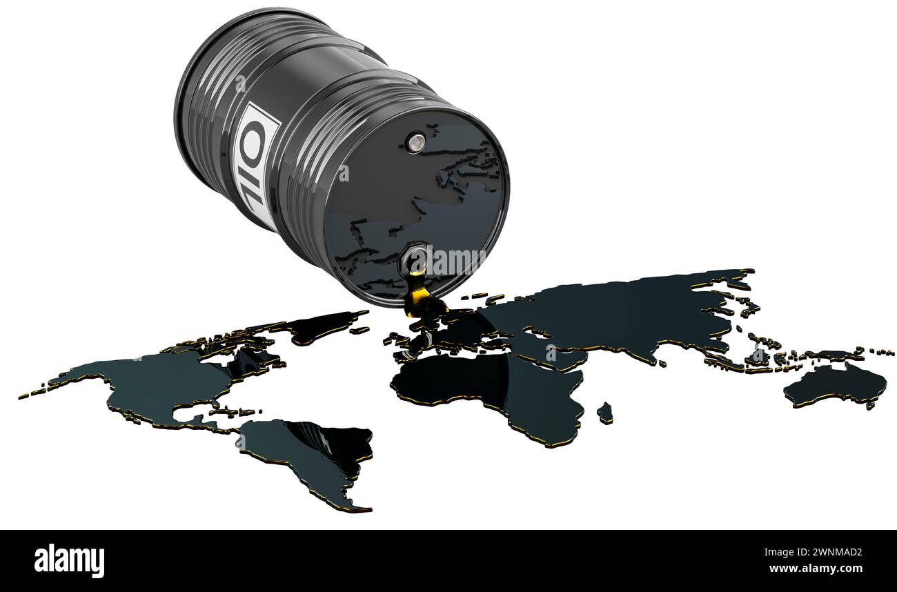 Oil production concept. Crude oil spilled in the shape of Earth map, 3D ...