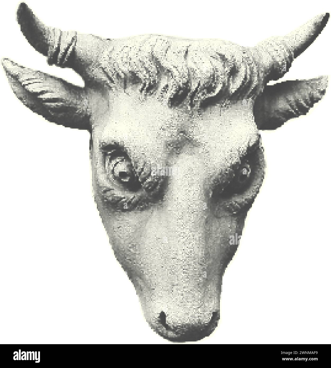 Statue head of bull or cow. Black polka dots halftone art elements for ...