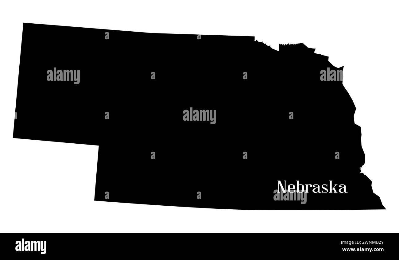 Outline silhouette map of the US state of nebraska over a white ...