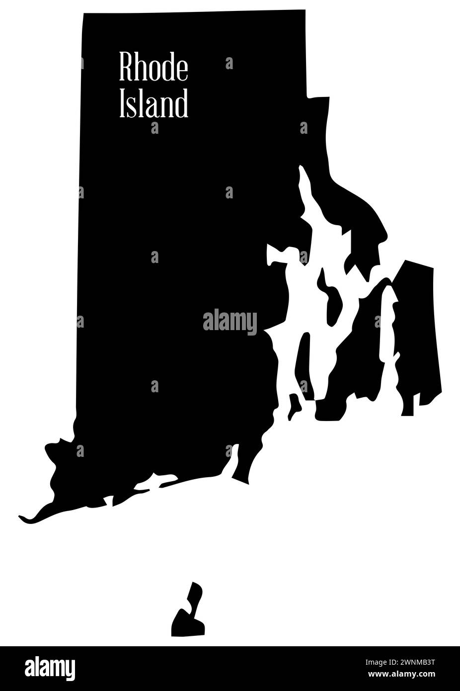 Outline silhouette map of the state of Rhode Island over a white ...