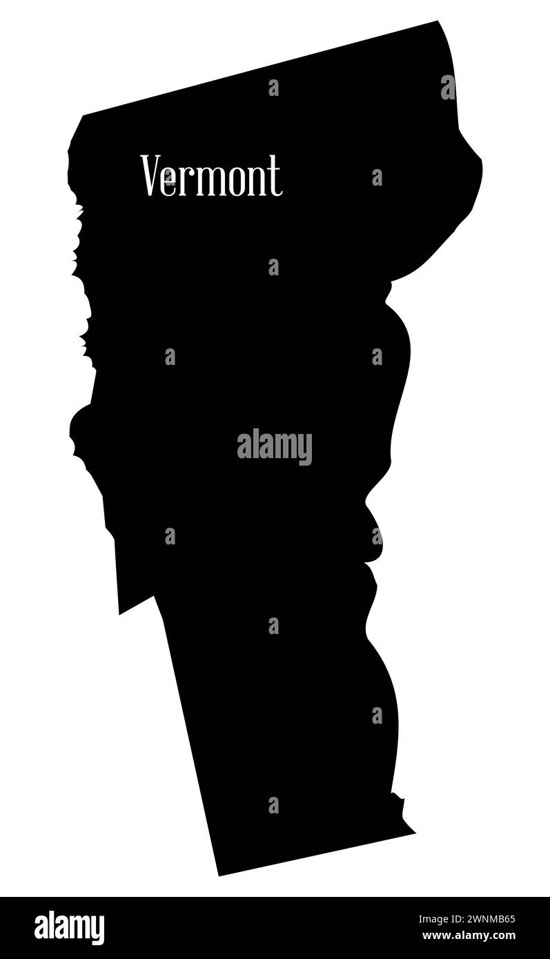 Outline silhouette map of the state of Vermont over a white background ...