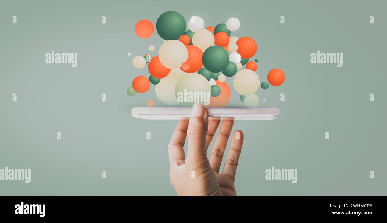 Opened Hand Levitating Virtual Objects. Purple Futuristic Tone Stock ...