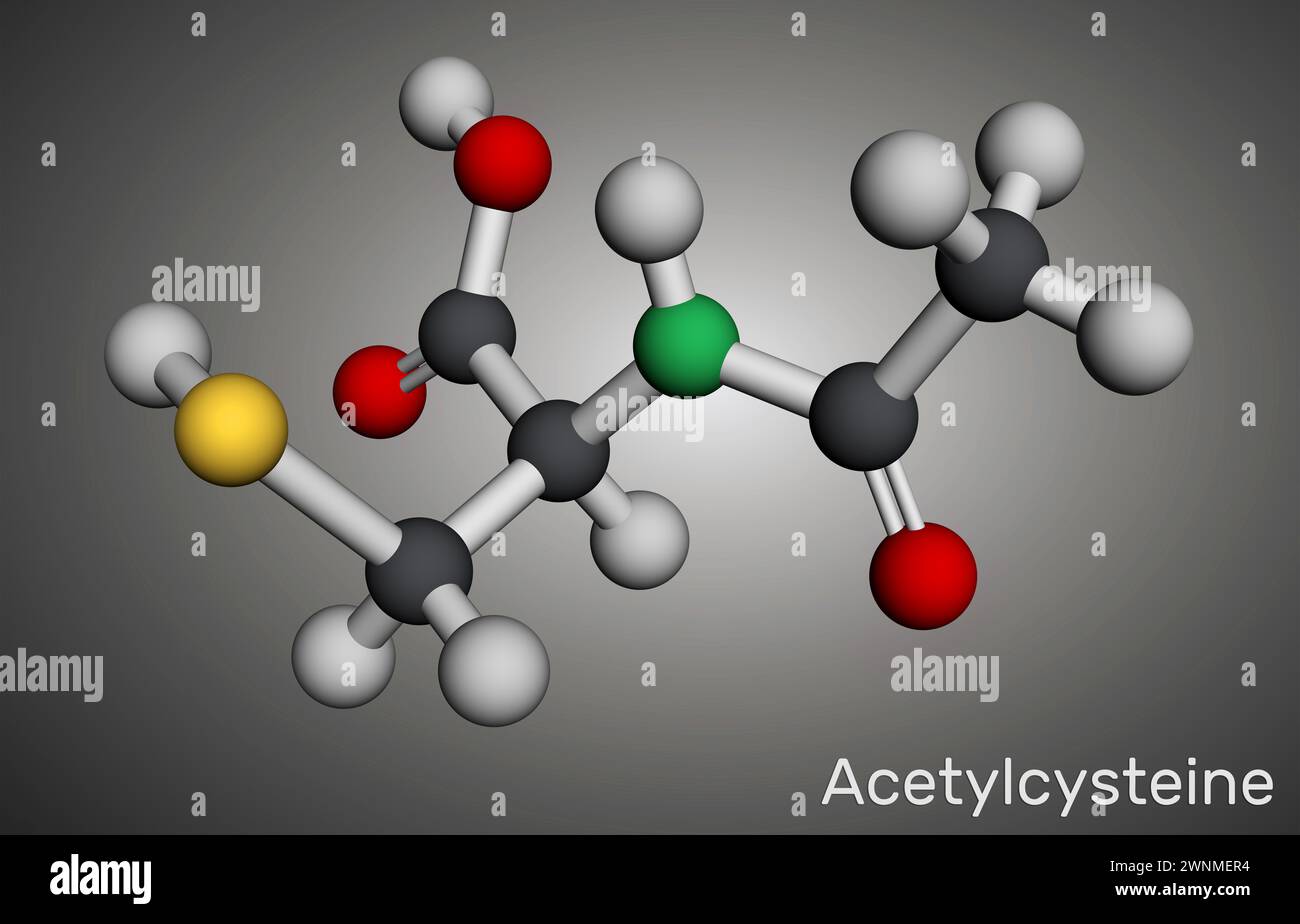 Acetylcysteine, N-acetylcysteine, NAC drug molecule. It is an ...
