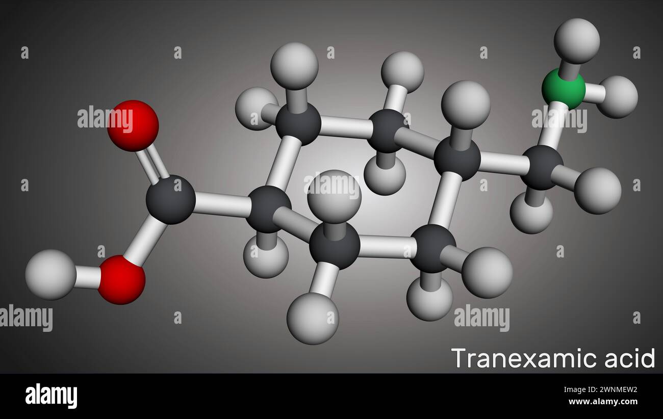 Tranexamic acid, TXA molecule. It is antifibrinolytic. Molecular model ...