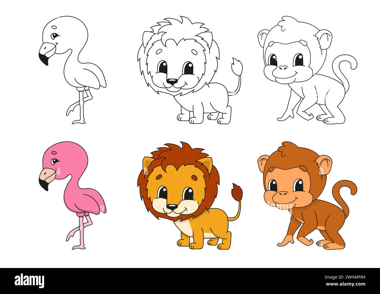 Set coloring page for kids. Cute cartoon characters. Black stroke. With ...
