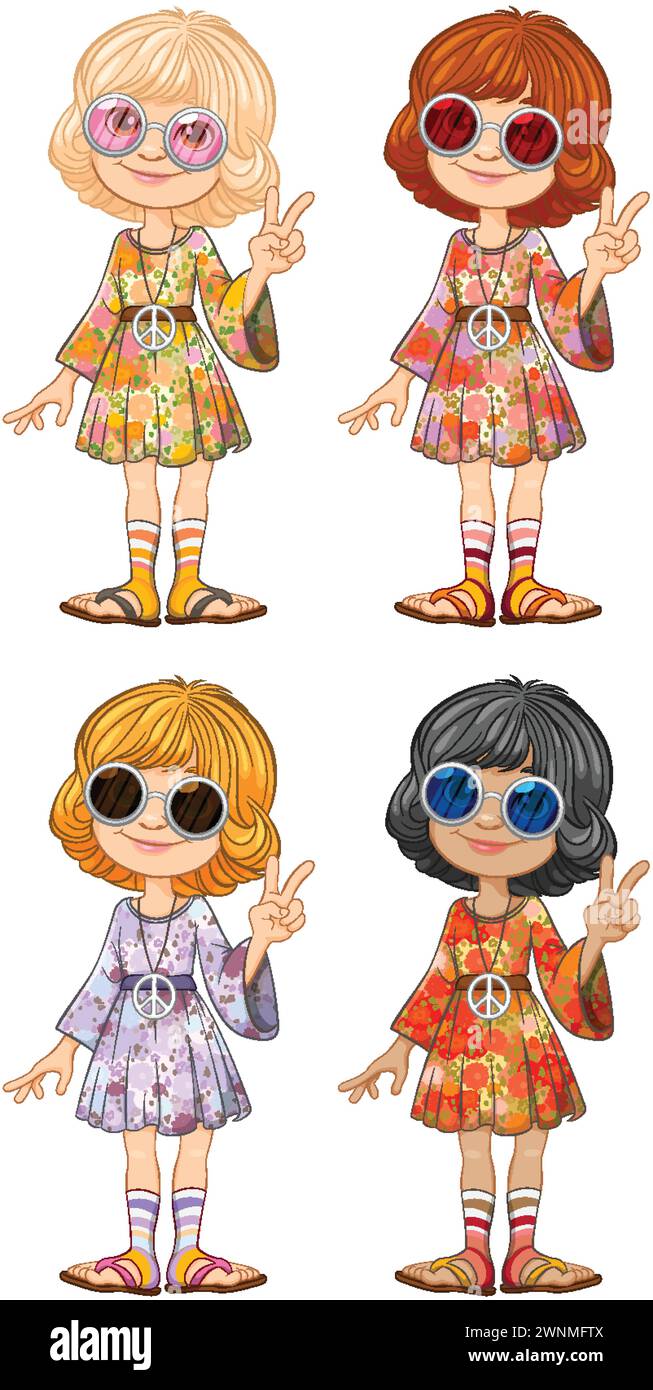 Four diverse cartoon girls showing peace signs Stock Vector Image & Art ...