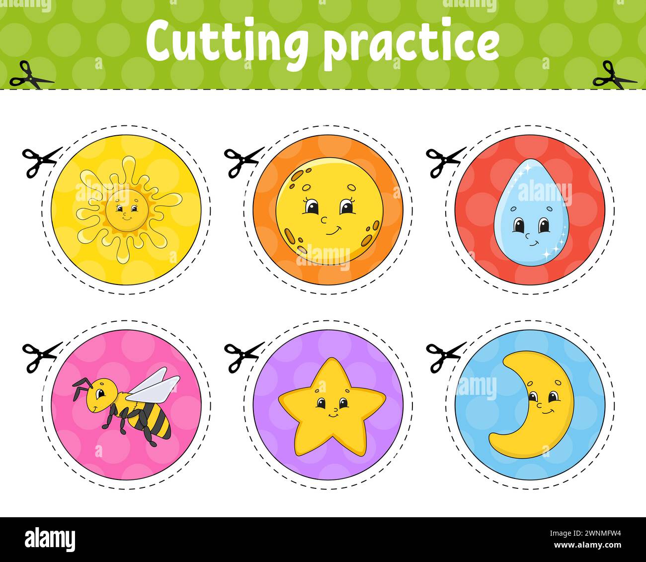 Cutting practice. Sticker sheet. Educational activity worksheet for ...